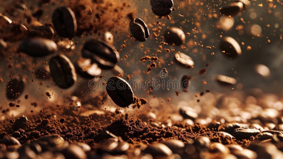 Coffee Beans Mid-air with a Dynamic Explosion of Ground Coffee ...