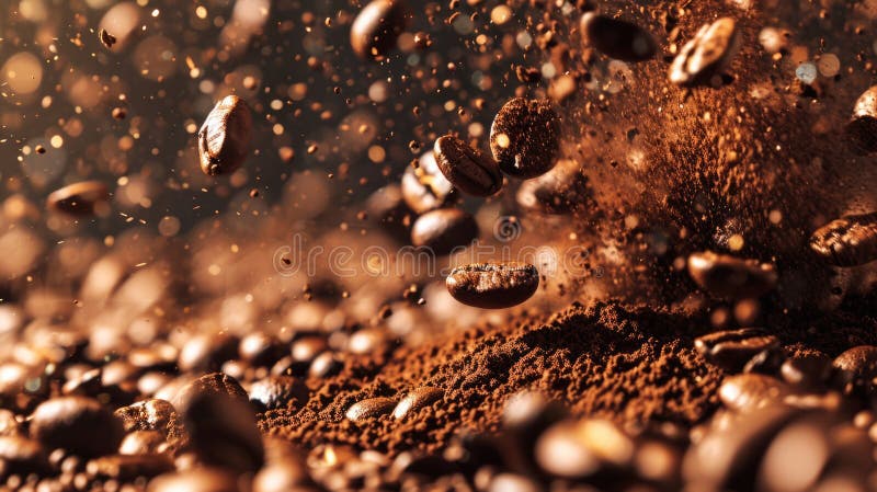 Coffee Beans Mid-air with a Dynamic Explosion of Ground Coffee ...