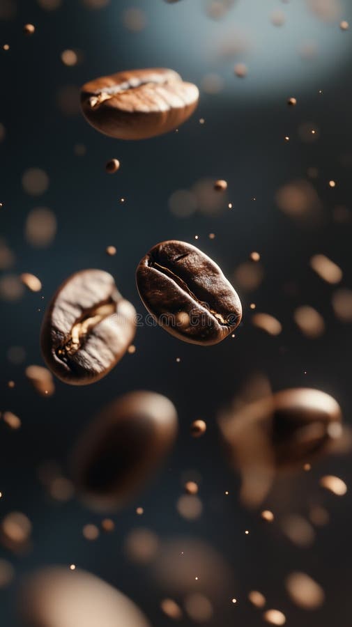 Coffee Beans in Mid-air with Floating Particles, Showcasing a Dynamic ...