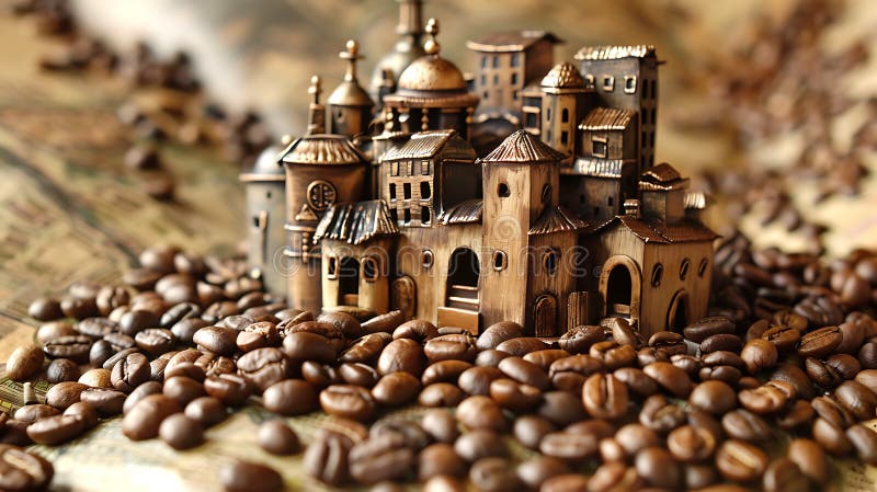 Coffee Beans and a Model of a Coffee City on a Map. Stock Illustration ...