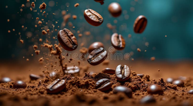 Coffee Beans in Motion" "Dynamic Coffee Beans and Ground Coffee ...
