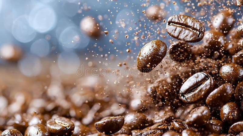 Coffee Beans in Motion with Shiny Espresso Ground Background Stock ...