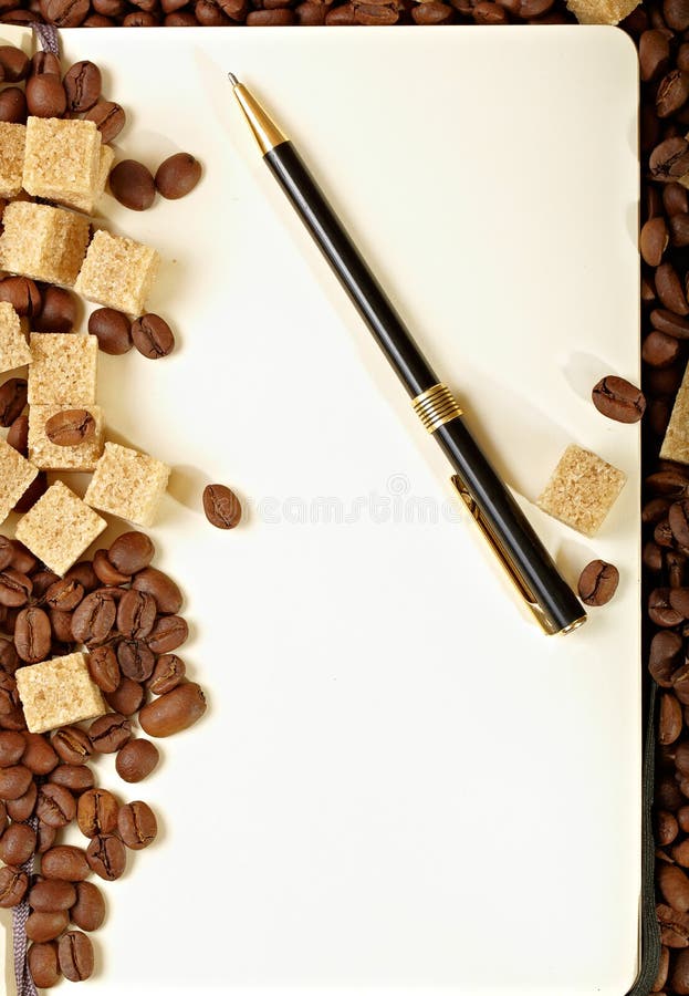 Coffee beans, paper, pen stock image. Image of energy - 24747765