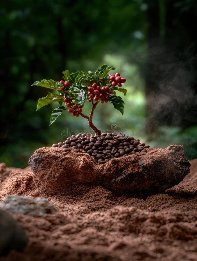 Coffee Beans and Plant on a Mound of Soil. Stock Illustration ...