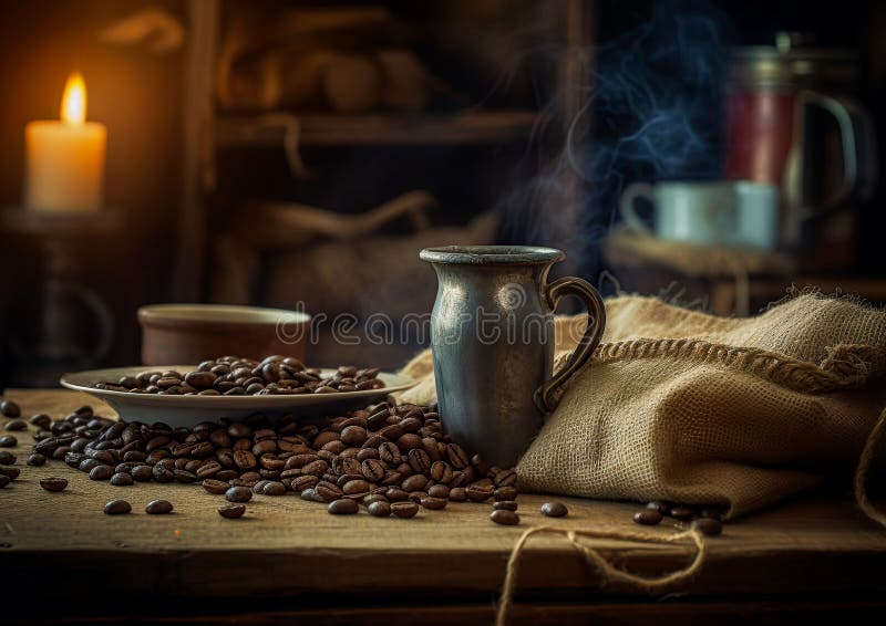 Coffee Beans and Coffee Pot on the Rustic Kitchen Table. Ai Generative ...