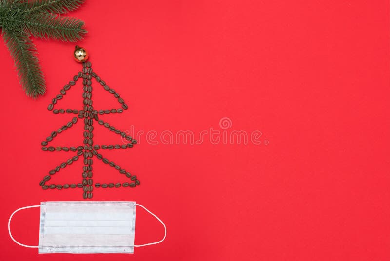 Coffee Beans on Red Background with Protective Mask, Christmas Tree ...