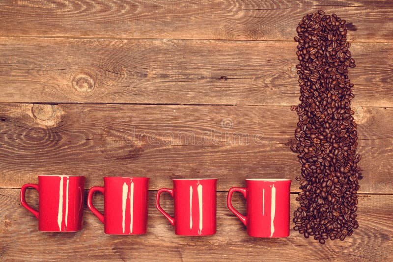 Coffee Beans and Red Cup on Wood Table Stock Image - Image of table ...