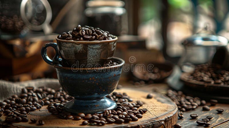 Rustic Ceramic Cup with Lemon Slice on Blue Background, Perfect for a ...