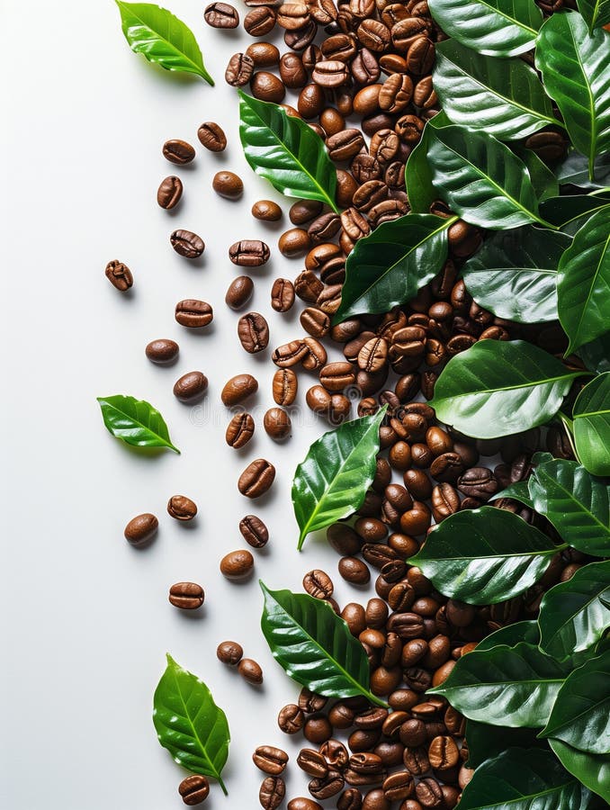 Coffee Beans Scattered with Fresh Green Coffee Leaves on a White ...