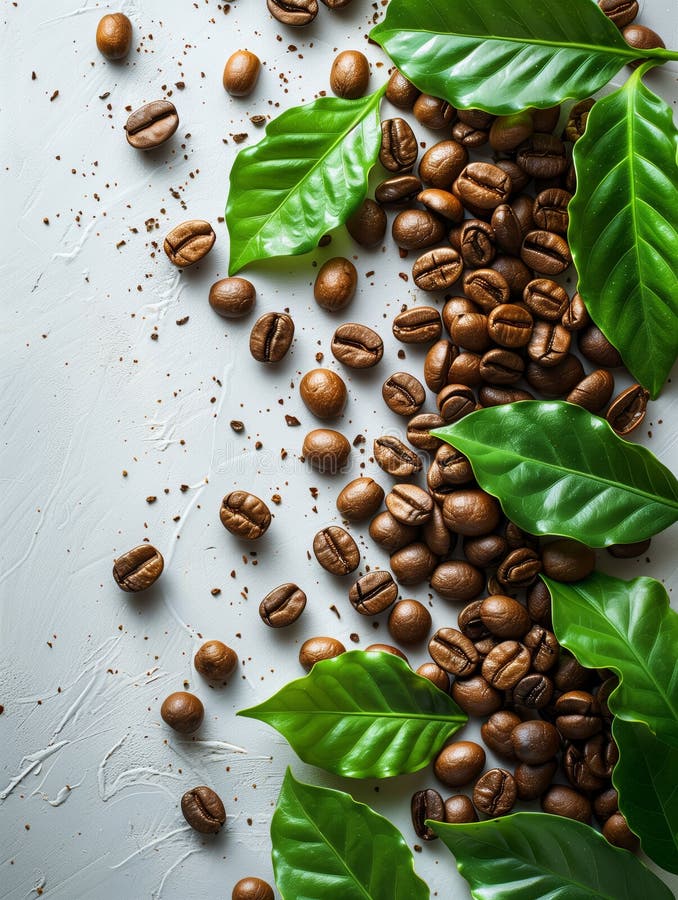Coffee Beans Scattered with Fresh Green Coffee Leaves on a White ...
