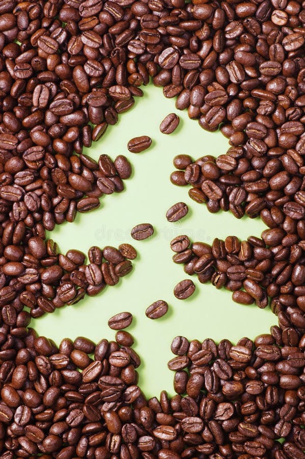 Coffee Beans Scattered on Green Paper with Drawn Christmas Tree Stock ...