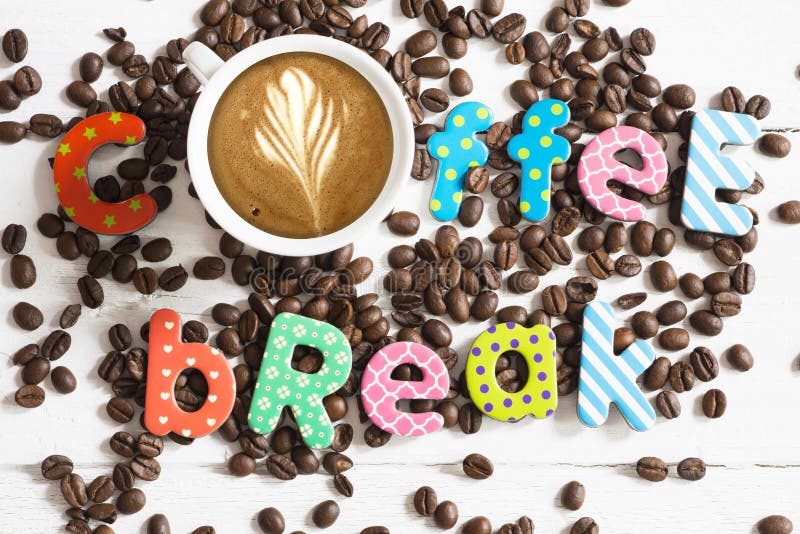 Coffee Beans Scattered on White Table with Coffee Break Message Stock ...