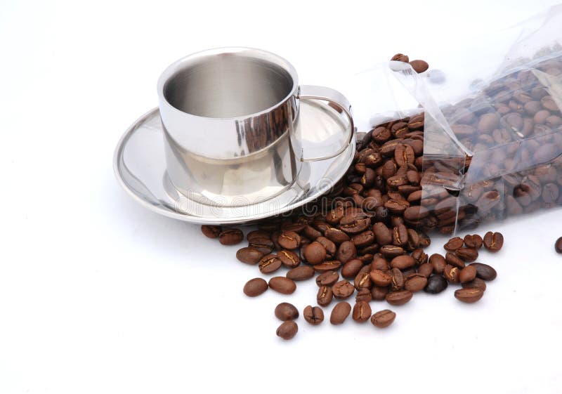 Coffee Beans and Silver Cup Stock Image - Image of background, opened ...