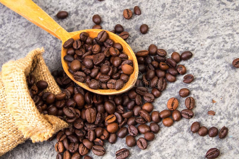 Coffee Beans in Small Bowl with Coffee in Spoon. View from Above Stock ...