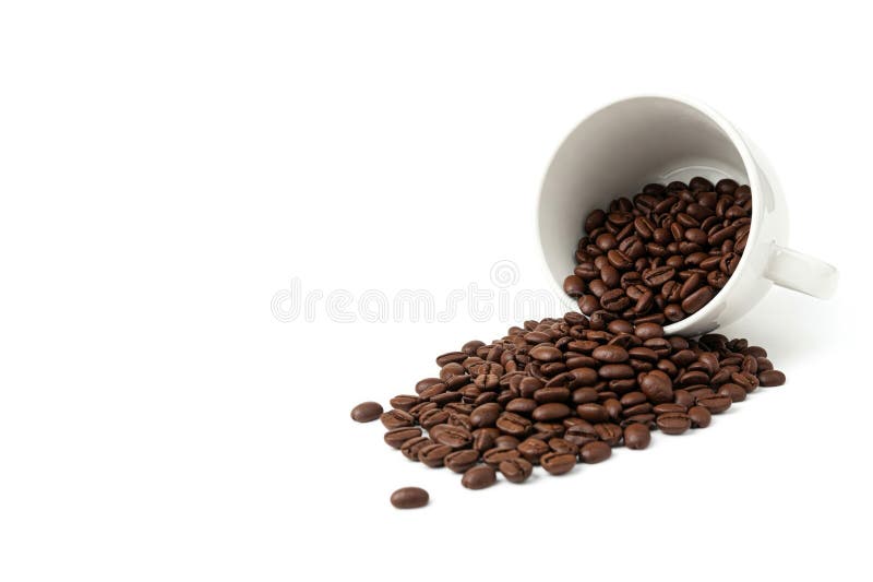 Coffee Beans Spill Out of a White Mug. Space for Text. Stock Photo ...
