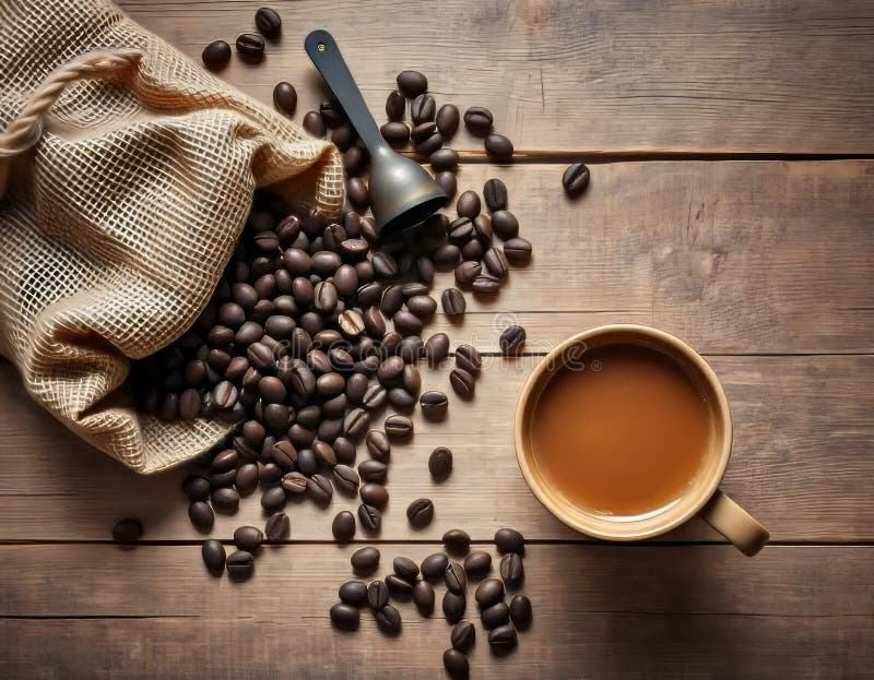 Coffee Beans Spilling from Burlap Sack on a Wooden Table Stock ...