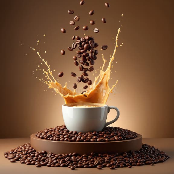 Coffee Beans Splash into a Cup with Coffee. Product Display Background ...