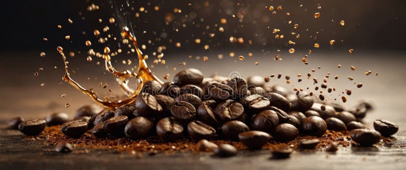 Coffee Beans and Splashes of Coffee in Motion. Stock Photo - Image of ...