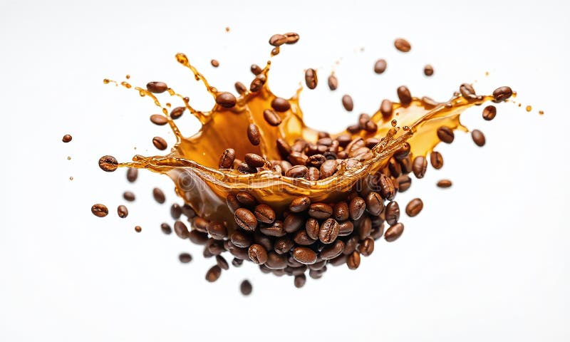 Coffee Beans Splashing in Liquid, Dynamic Motion Stock Illustration ...