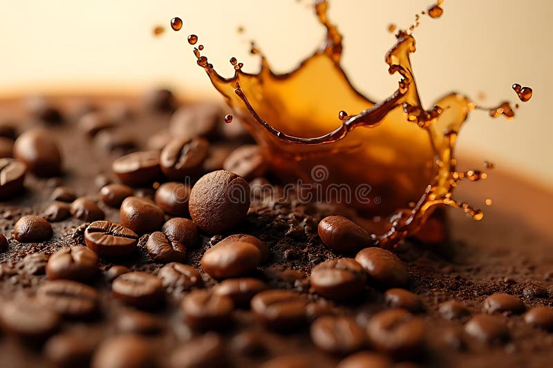 Coffee Beans and Splashing Liquid are Shown in this Appealing, Warm ...