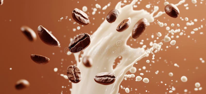 Coffee Beans Splashing in Milk Creating Dynamic Visual Effect, Rich ...