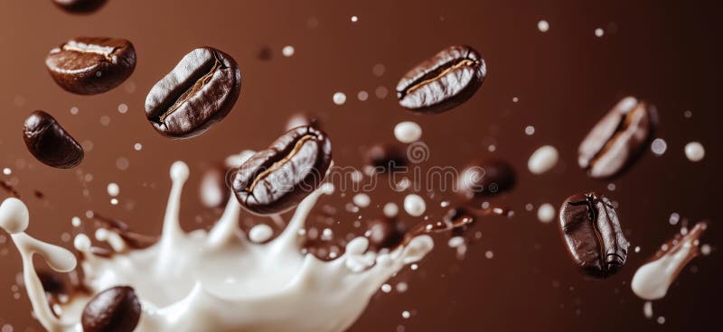 Coffee Beans Splashing in Milk Creating Dynamic Visual Effect ...
