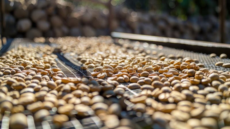 Coffee Beans Drying Under Sun on Wire Racks in Outdoor Setting during ...