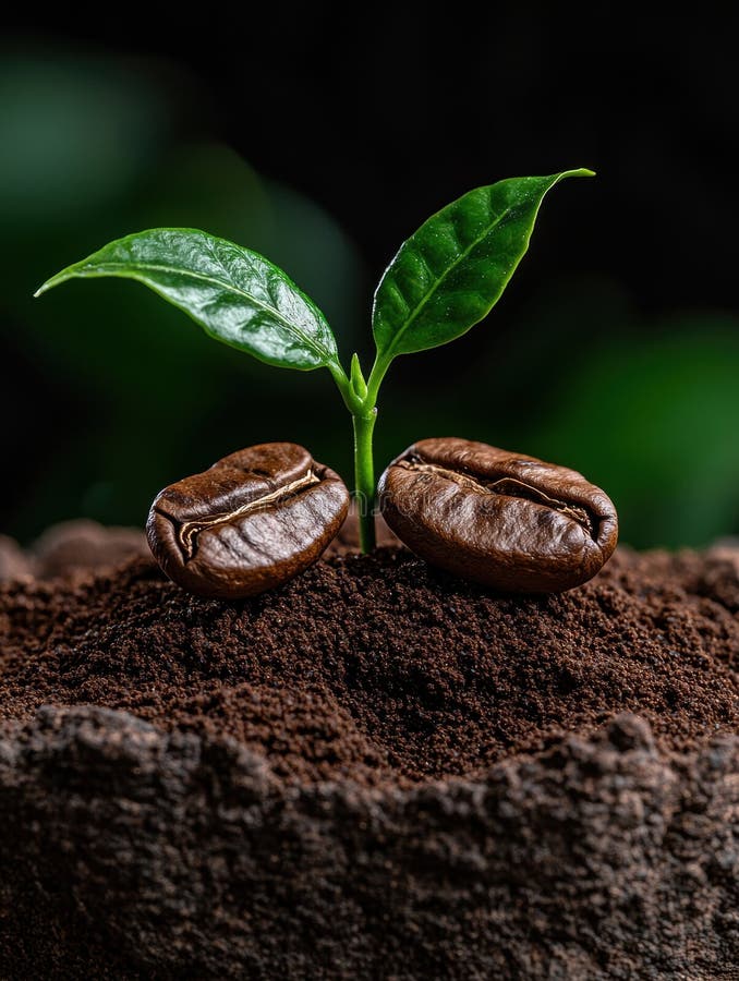 Coffee Beans and a Sprout Growing in Soil. Stock Illustration ...