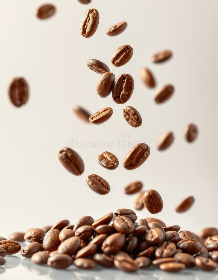 Coffee Beans Cascade in Mid-air Above a Pile, Showcasing Their Rich ...