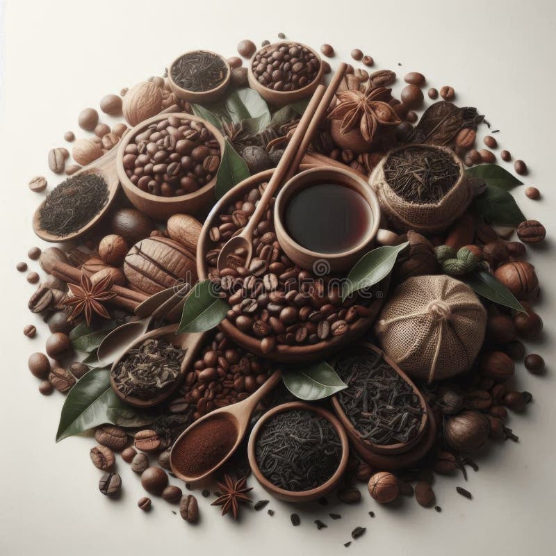 Coffee Beans and Tea Leaves Isolated on a White Background Stock Image ...