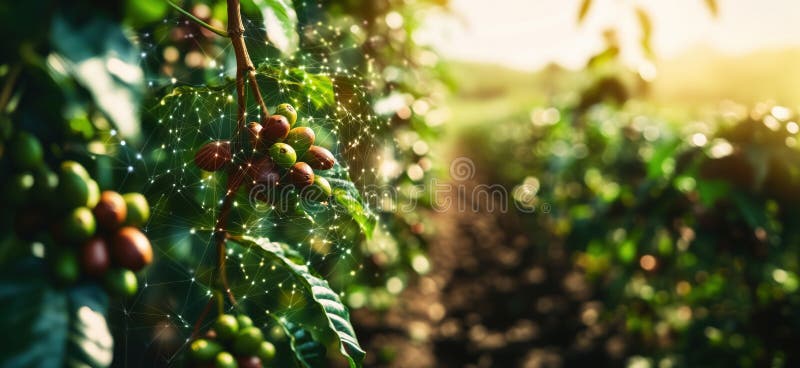 Coffee Beans on Tree with Digital Overlay, Showcasing Agricultural ...