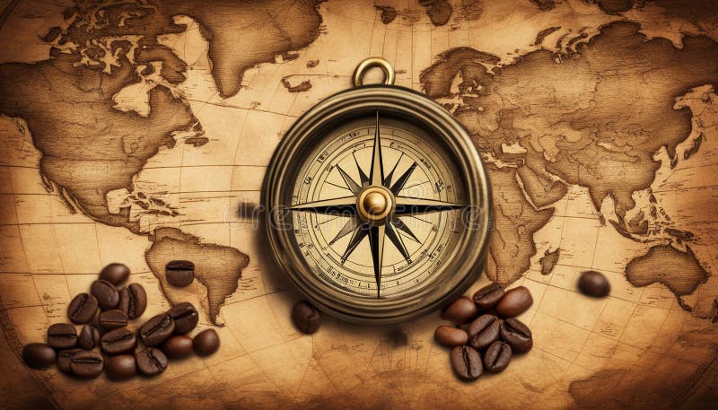 Coffee Beans and Vintage Compass on an Old World Map - Trade and ...