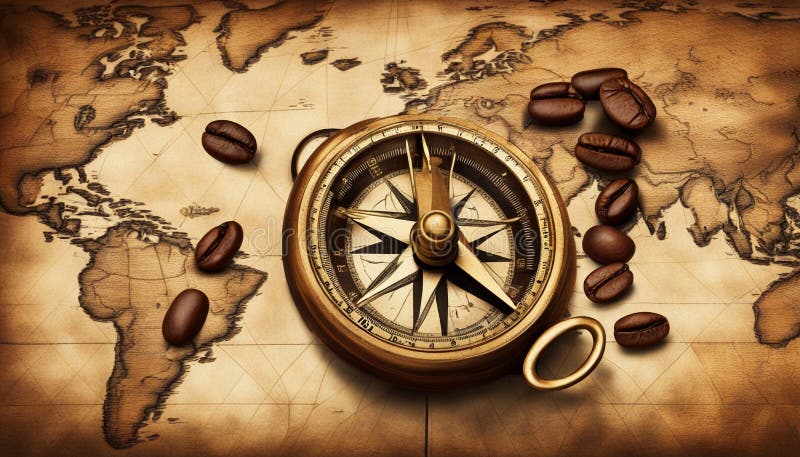 Coffee Beans and Vintage Compass on an Old World Map - Trade and ...