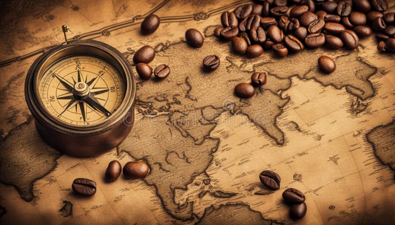 Coffee Beans and Vintage Compass on an Old World Map - Trade and ...