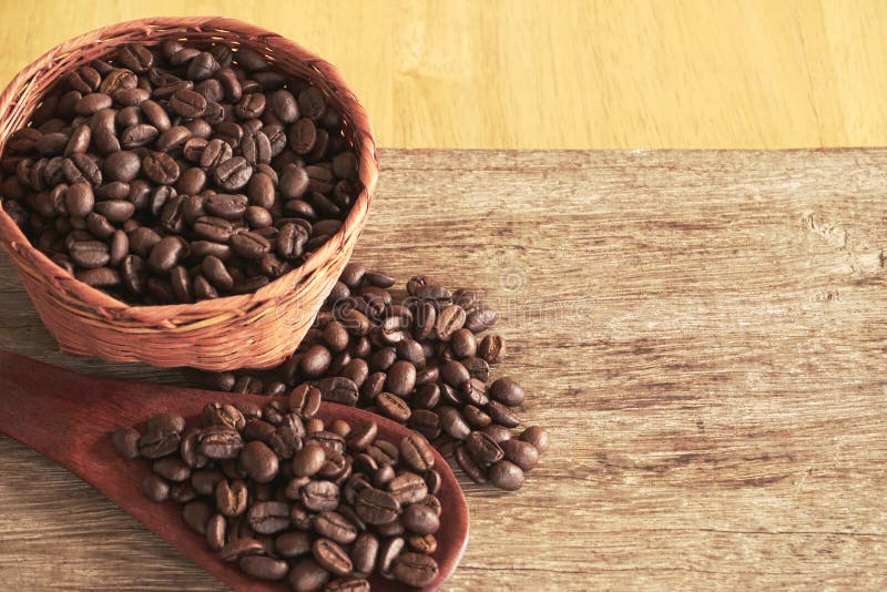 Coffee Beans on Wood Table. Organic Coffee Seed Stock Photo - Image of ...