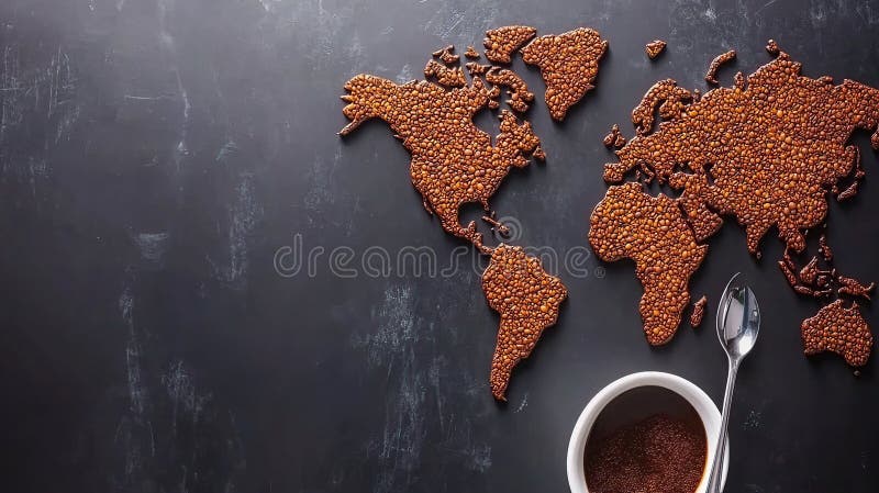 Coffee Beans World Map, Dark Background, Cup, Spoon, Travel Stock Photo ...
