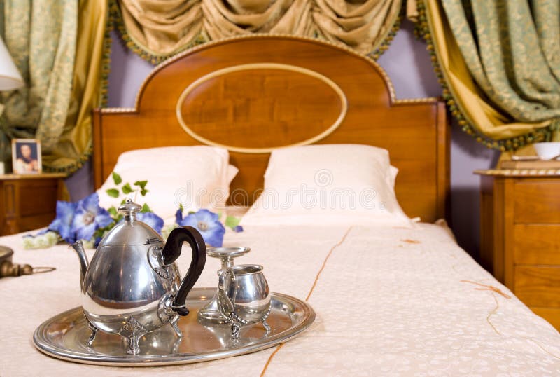 Coffee in bed stock photo. Image of decor, curtains, bedroom - 12767174
