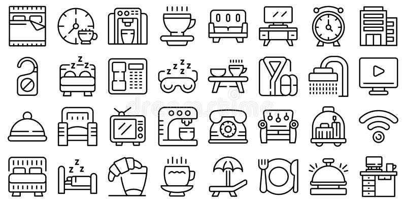 Coffee in Bed Icons Set Outline Vector. Morning Night Stock Vector ...