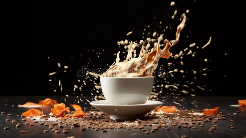 Coffee Beens Exploding Over Cappuccino Cup Background Selective Focus ...