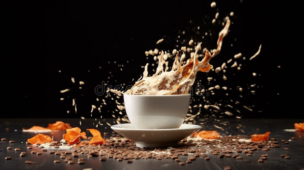 Coffee Beens Exploding Over Cappuccino Cup Background Selective Focus ...