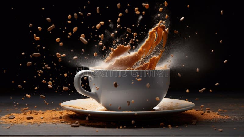 Coffee Beens Exploding Over Cappuccino Cup Background Selective Focus ...