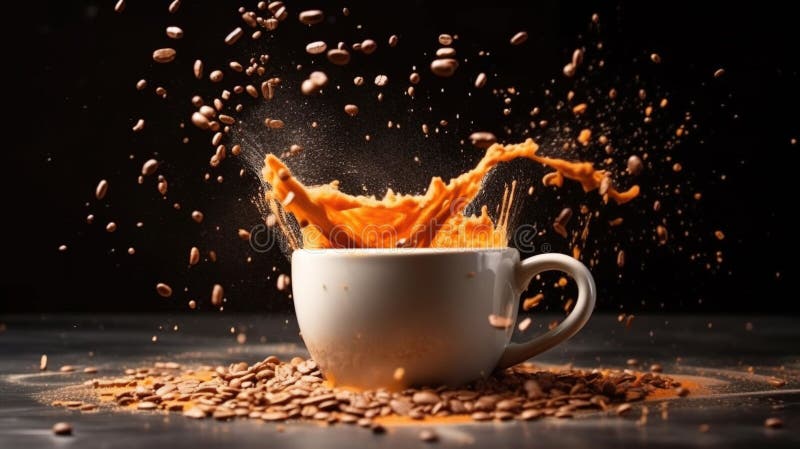 Coffee Beens Exploding Over Cappuccino Cup Background Selective Focus ...