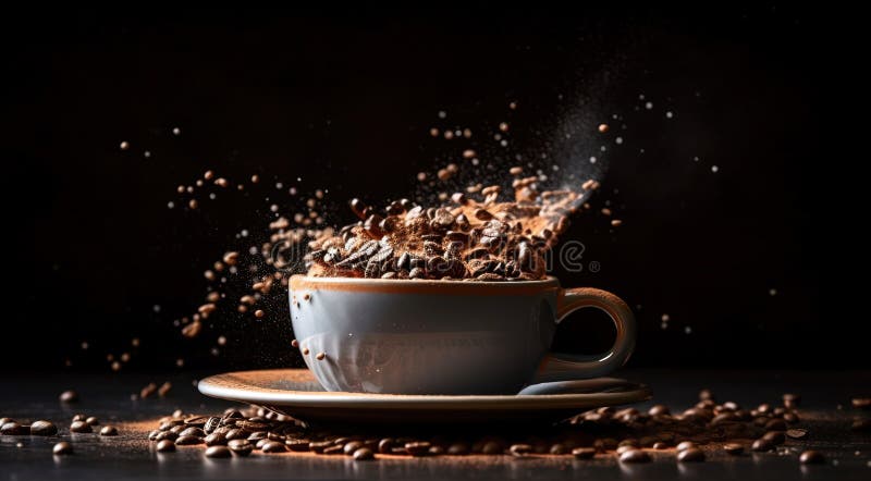Coffee Beens Exploding Over Cappuccino Cup Background Selective Focus ...