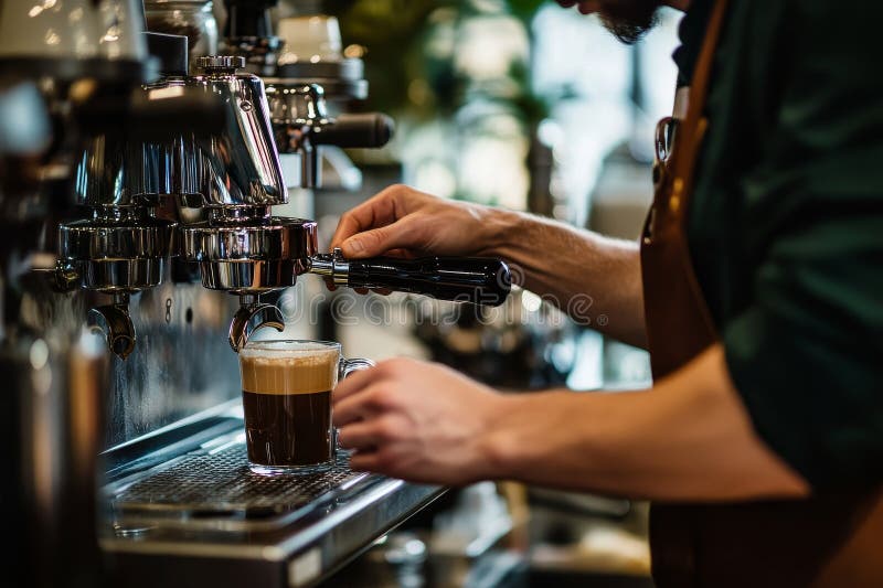 Coffee Being Brewed from a Professional Espresso Machine into a Cup ...