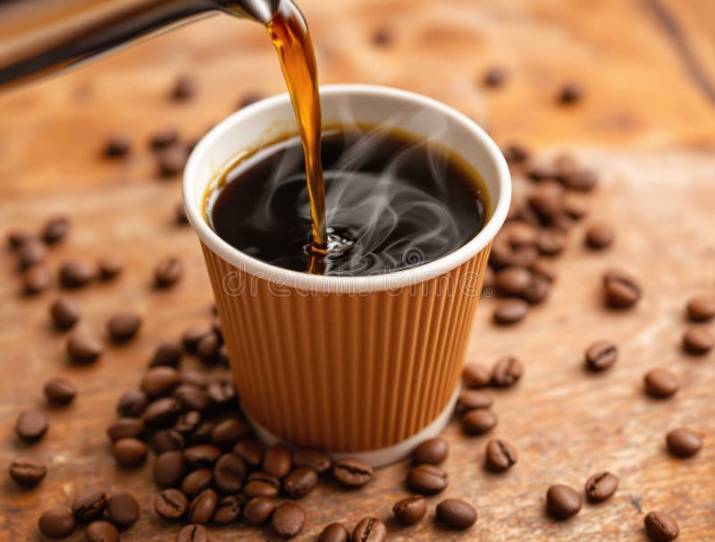 Coffee Being Poured into a Paper Cup Surrounded by Coffee Beans Stock ...