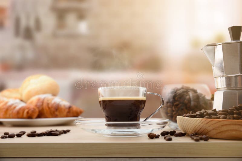 Coffee on Bench with Pastries for Breakfast in Kitchen Stock Photo ...