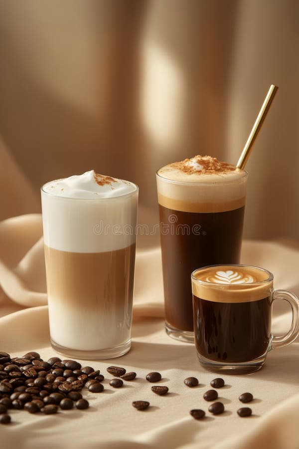 Coffee Beverages Served on a Table with Beans in Sunlight, Creating a ...