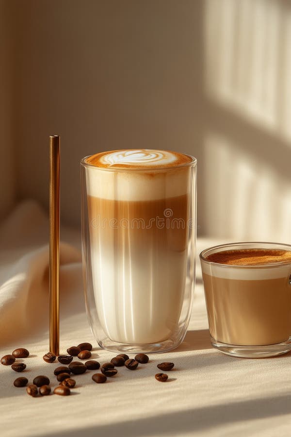 Coffee Beverages Served on a Table with Beans in Sunlight, Creating a ...