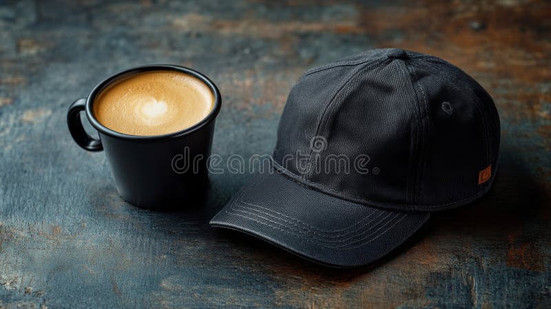 Coffee in Black Cup and Dark Shimmering Cap on Textured Surface Stock ...