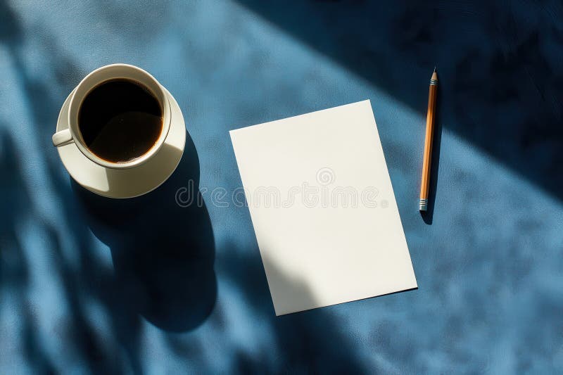 Coffee, Blank Paper, and Pencil on a Blue Surface Stock Illustration ...